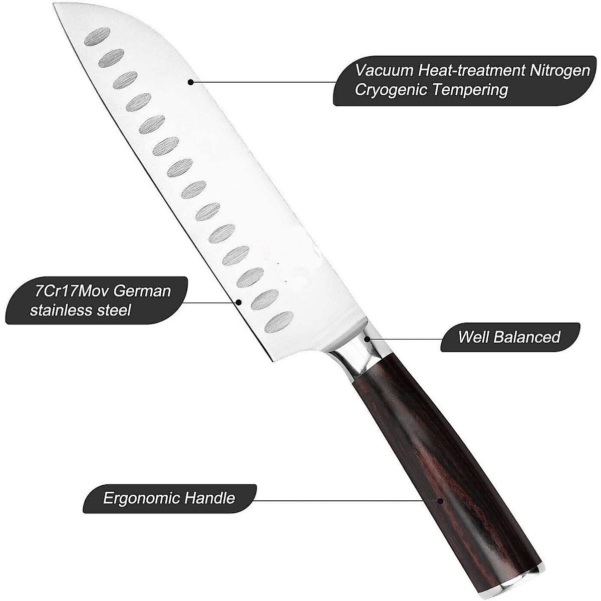 SOAMOEU 7-inch Santoku Knife, Made of German High-Carbon Stainless Steel with Mahogany Handle, Used for Chopping, Dicing and Slicing Vegetables, Fruits, Fish, Meat