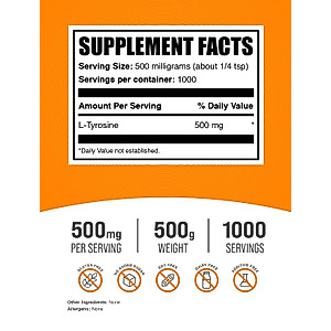 BulkSupplements.com L-Tyrosine Powder -Tyrosine Supplement, Tyrosine Powder, Tyrosine 500mg - Amino Acid Supplement, Unflavored & Gluten Free - 500mg per Serving, 500g (1.1 lbs) (Pack of 1)
