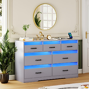 Dystler 7 Drawers Dresser for Bedroom, Large Chest of Drawers with LED Light, Modern Dresser with USB & Type-c Charging Ports, Wood Dresser Organizer for Bedroom, Living Room, Hallway, Grey