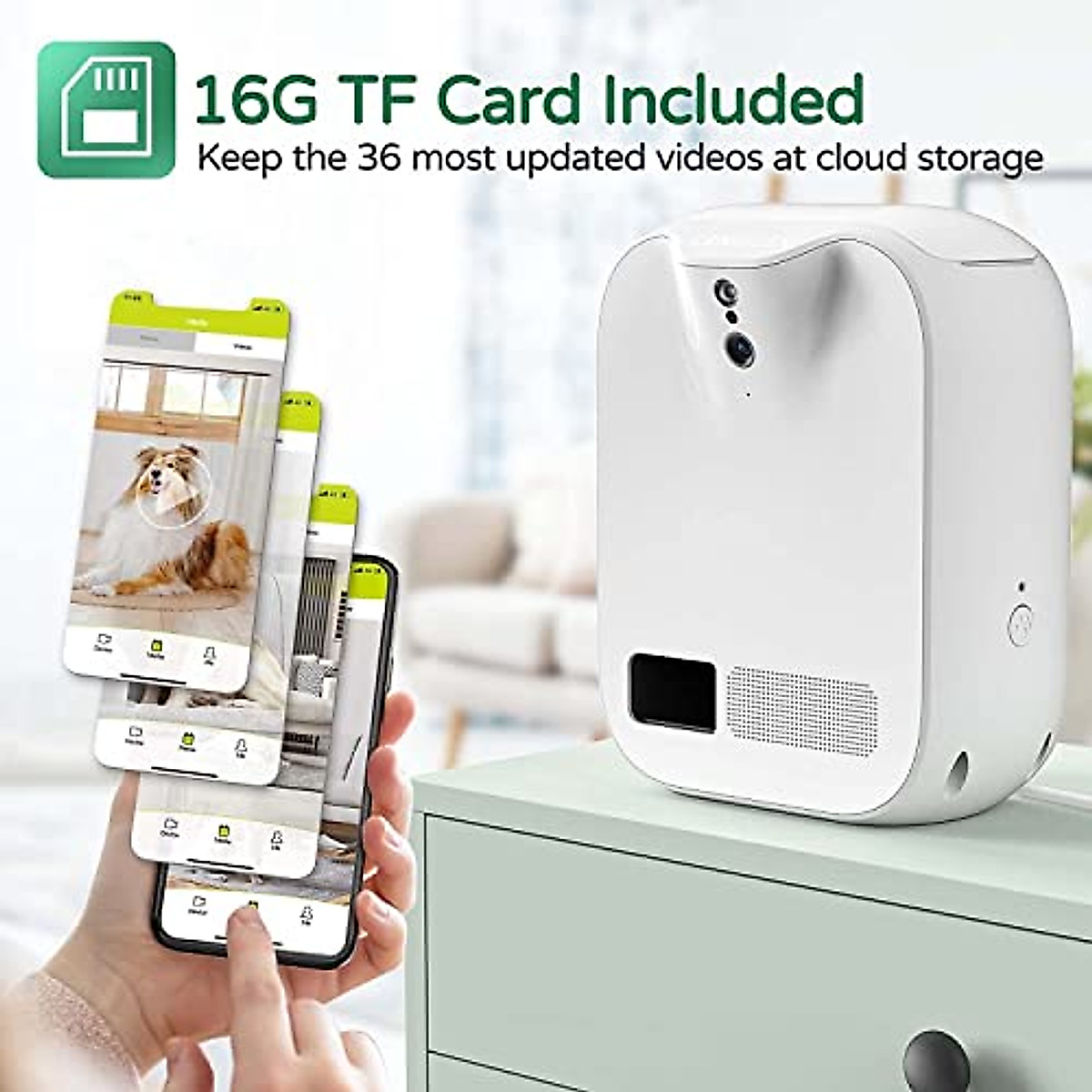 CENGCEN Pet Monitoring Camera Dog Treat Dispenser Two-Way Audio HD WiFi Dog Camera with 130° View, Remote Tossing App Compatible with Android/iOS, Supports Cloud Storage, Night Vision, Wall Mounted