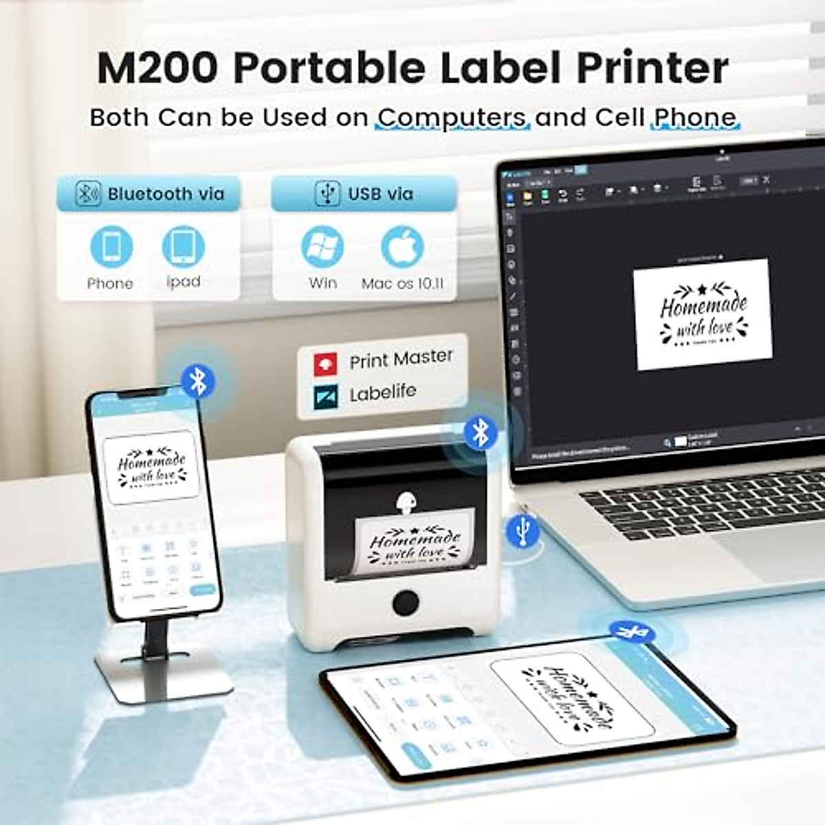 Memoking Bluetooth Label Maker - M200 Thermal Label Printer for Small Business, Address, Logo, Mailing, Office Organization, Kitchen, Label Maker Machine for Phones & PC, 3 Roll Labels
