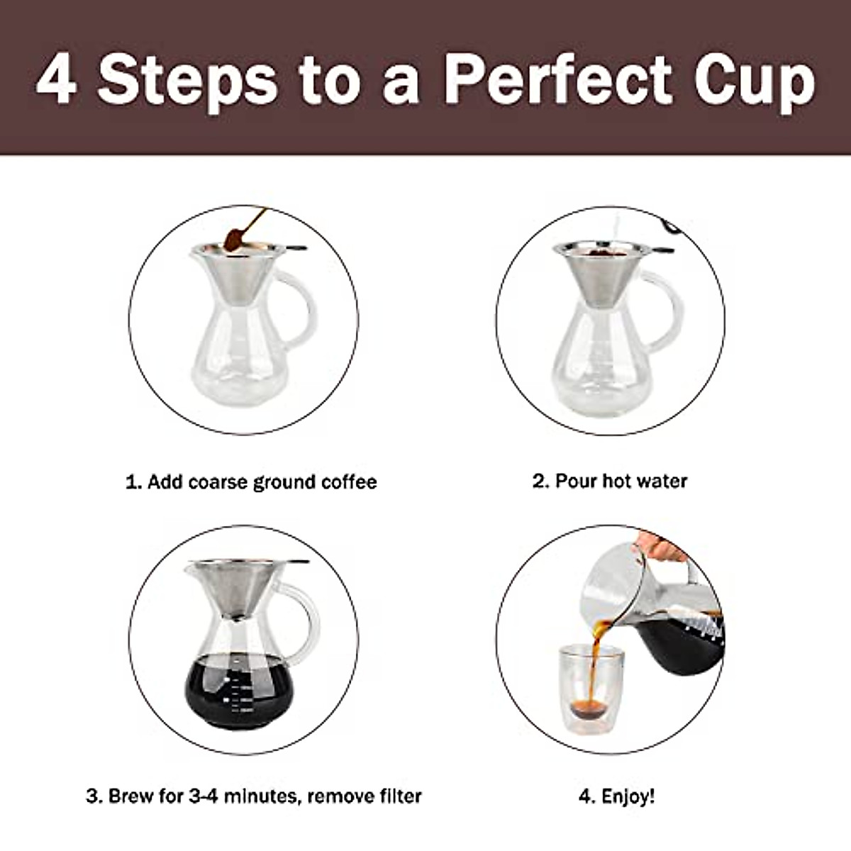 T-mark Pour Over Coffee Maker with Reusable Double-layer Stainless Steel Filter, 800ml/27oz BPA-Free Glass Coffee Carafe, Glass Coffee Maker, Coffee Dripper Brewer