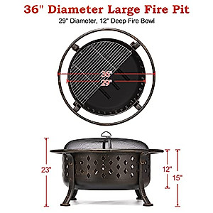SINGLYFIRE 36 Inch Fire Pits for Outside Large Outdoor Wood Burning Crossweave firepit Heavy Duty Steel Bronze Bonfire Pit for Patio Backyard Garden with BBQ Grate,Spark Screen,Log Grate,Poker