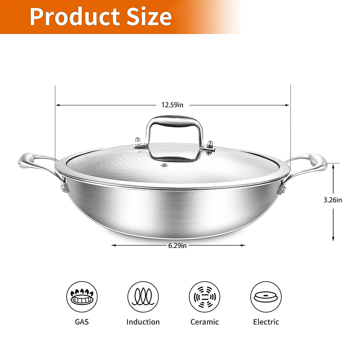 DELARLO Wok Pan With Lid 12 Inch, Oven Safe Up to 600℉,Woks & Stir-Fry Pans Nonstick,Tri-Ply Stainless Steel Wok, Non Stick Wok, 5QT Nonstick Deep Frying Pan, Induction Saute Pan With Lid