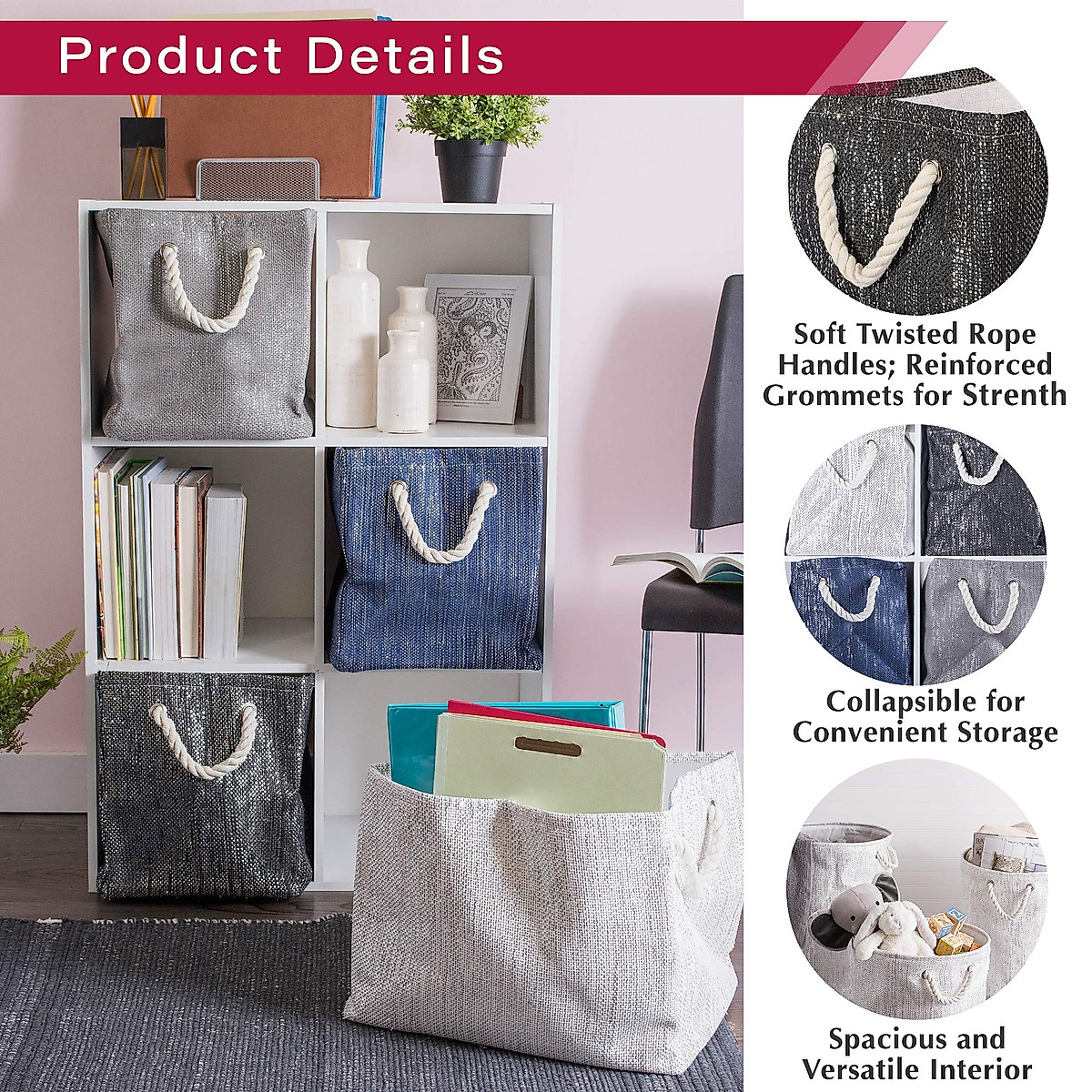 DII Woven Paper Storage Bin, Metallic Lurex, Nautical Blue, Medium Round