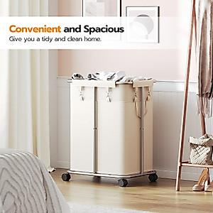 HOOBRO Laundry Basket with Wheels, 45 Gallons (170L) Rolling Laundry Hamper, Narrow Slim Laundry Sorter with Removable Oxford Fabric Bag, Laundry Room, Dorm Room, Bedroom, Beige and Silver SW05XY01