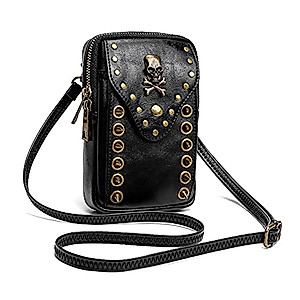 nice--buy Punk Gothic Skull Carry Purse Women Handbag Single Shoulder Waist Bag Cell phone Wallet Steampunk Retro Women Travel Purse Motorcycle Bag Stud Rivet Fashion, Black, Small