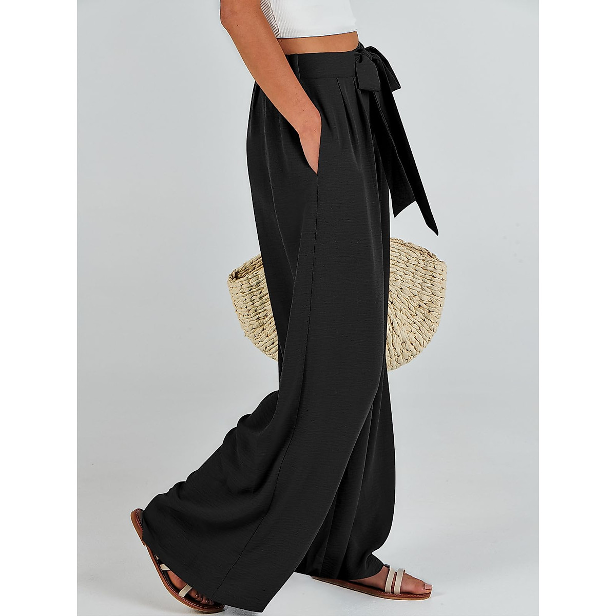 Caracilia Women Wide Leg Palazzo Pants Summer High Waist Flowy Casual Trousers Loose Lounge Beach Travel Vacation Clothes Black Medium