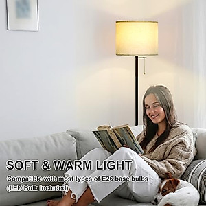 Modern Floor Lamp for Living Room Traditional Farmhouse Floor Lamps Mid-Century Pole Lamp with Linen Lamp Shade, Standing Tall Floor Lamps for Bedrooms and Office (Black+Metal Pole)