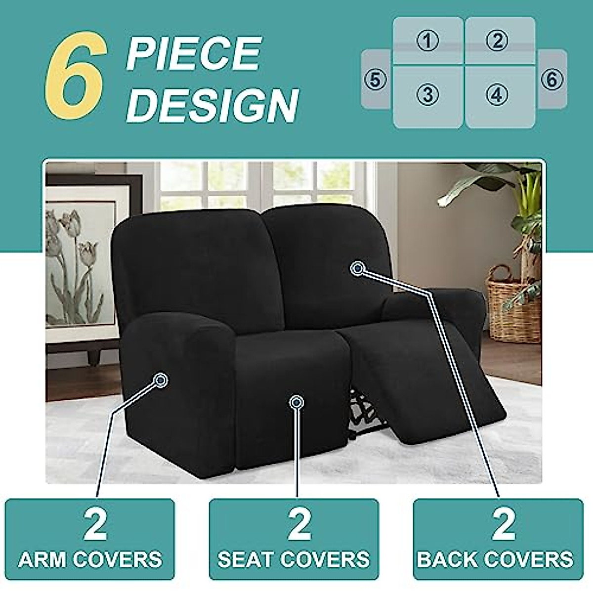 Recliner Loveseat Covers, Waterproof Nonslip Double Recliner 6-Pieces, Recliner Chair Cover Furniture Protecter for Kids, Pets, Soft Stretchy Fabric Machine Wash & Colorfast (Velvet Black, 2 Seat)