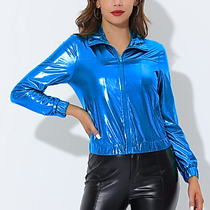 Allegra K Women's Holographic Shiny Party Christmas Long Sleeve Lightweight Zipper Metallic Jacket Medium Blue