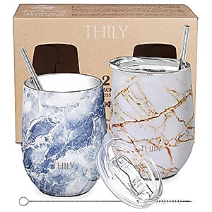 THILY Stainless Steel Insulated Wine Tumblers 12 oz Cute Travel Stemless Glasses with Sliding Lids and Metal Straws, Keep Hot or Cold for Wine, Coffee, Juice, 2 Pack(Gold Marble + Blue Marble)