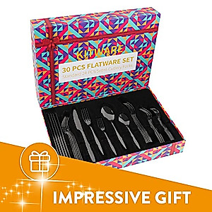 Black Silverware Set, 30 Pieces Stainless Steel Flatware for 6, Family Essential Utensil Tableware, Mirror Polished Cutlery for Home Kitchen, Hotel, Restaurant