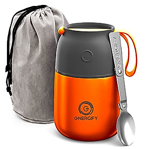 ENERGIFY Vacuum Insulated Food Jar Made of Premium BPA-Free Stainless Steel. 17oz Thermos Includes Folding Spoon and Cup. Hot & Cold Lunch, Drinks Container For Kids and Adults. Leak Proof, Orange.