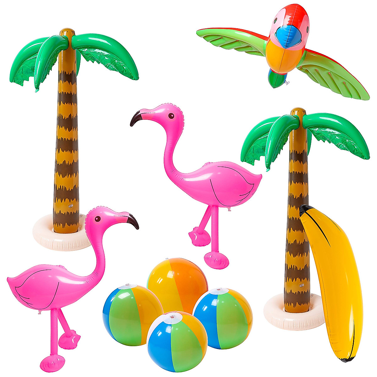 R HORSE 10 Pcs Inflatable Palm Tree Flamingo Banana Beach Ball Parrot Beach Pool Toys for Tropical Hawaiian Luau Summer Party Decorations