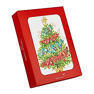 Papyrus Boxed Christmas Cards with Envelopes, Peace and Happiness, Glitter-Free Christmas Tree (12-Count)