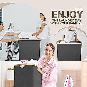 Zomhusea Double Laundry Basket with Lid - 140L Divided Laundry Hamper 2 Section with Removable Bags,Foldable Dirty Clothes Basket with Bamboo Handles - Bathroom,Dorm,College Large Hampers for Laundry