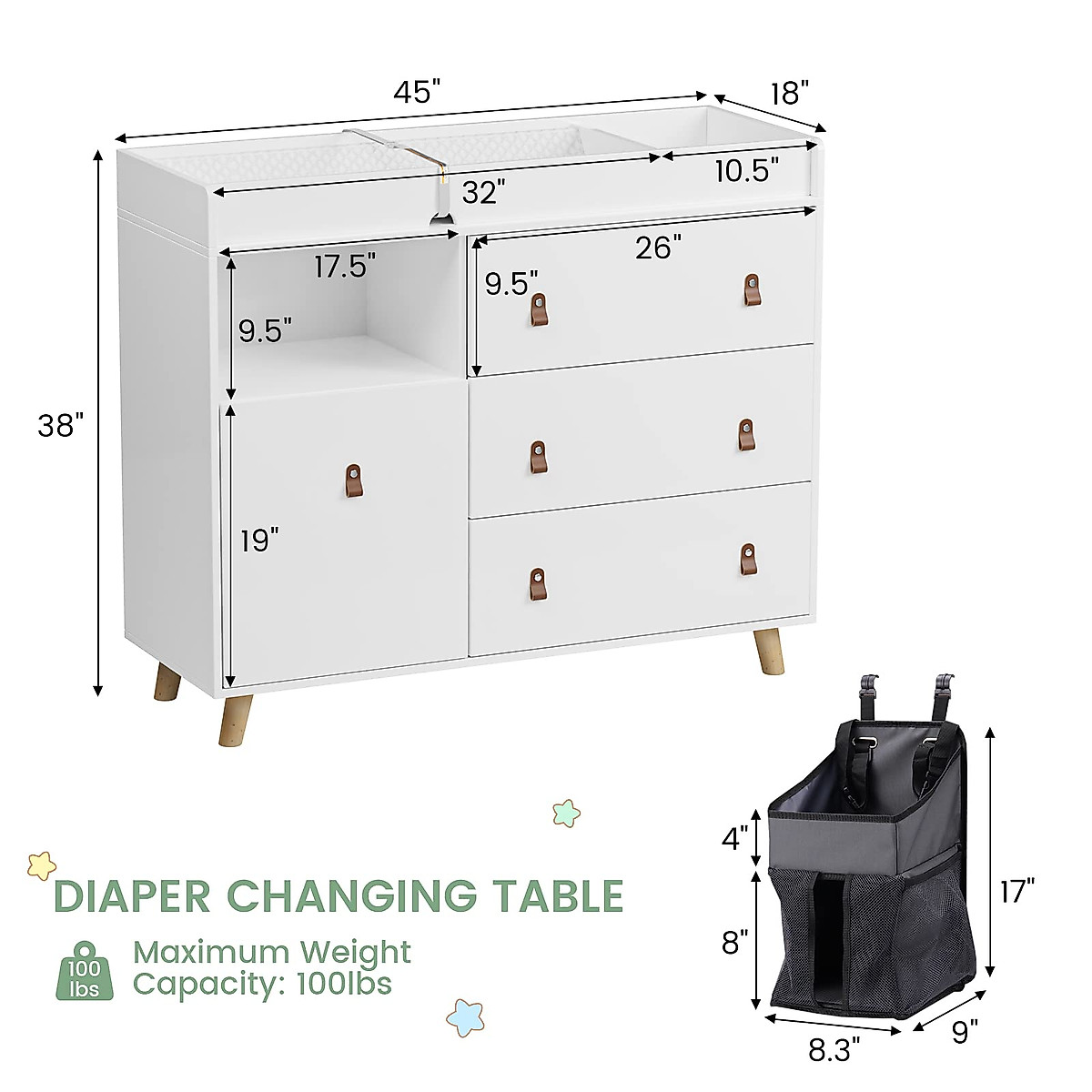 Timechee Baby Changing Table Dresser, Modern Nursery Changing Dresser Chest with 3 Drawers & 1 Shelf, Diaper Changing Pad, Storage Changing Dresser (White)