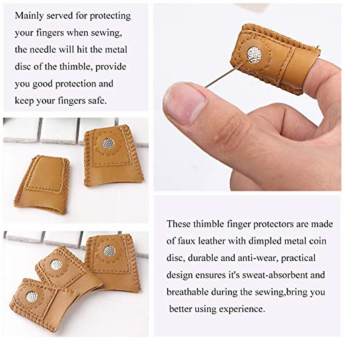8 Pcs Sewing Thimble + 30 Pcs Sewing Needles, Finger Protector Fingertip Thimble Adjustable Metal Bronze Sewing Thimble Rings and Leather Coin Thimble for Needlework, Hand Embroidery Craft