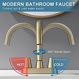 TONNY Gold Bathroom Faucet, 4-Inch Centerset Bathroom Faucet, 2 Handle Bathroom Sink Faucet with Water Supply Lines and Pop Up Drain Bathroom Faucets Brushed Gold