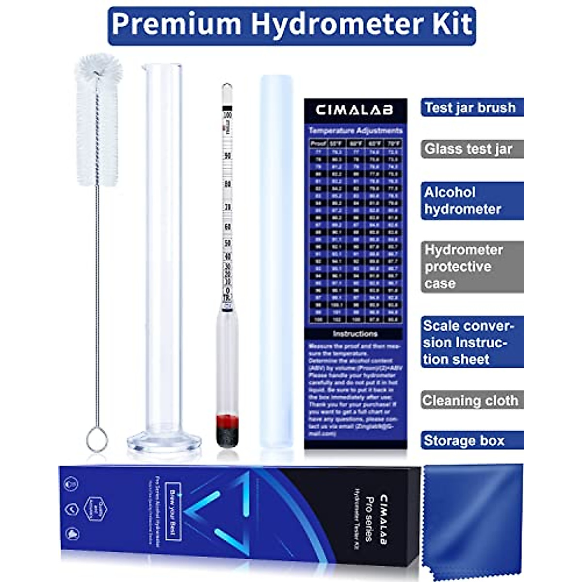 Cimalab Hydrometer Alcohol Meter Test Kit, Hydrometer Alcohol 0-200 Proof & 0-100 Tralle with Hydrometer Test Jar, Alcohol Proof Tester for Liquor, Moonshine, Proofing Distilled