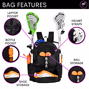 ERANT Athletic Lacrosse Bag - Extra Large Sports Lacrosse Backpack - Lacrosse Sticks Holders - Separate Cleat & Gear Compartment - Boys & Girls - Ideal for Lacrosse, Field Hockey, Gym - Black
