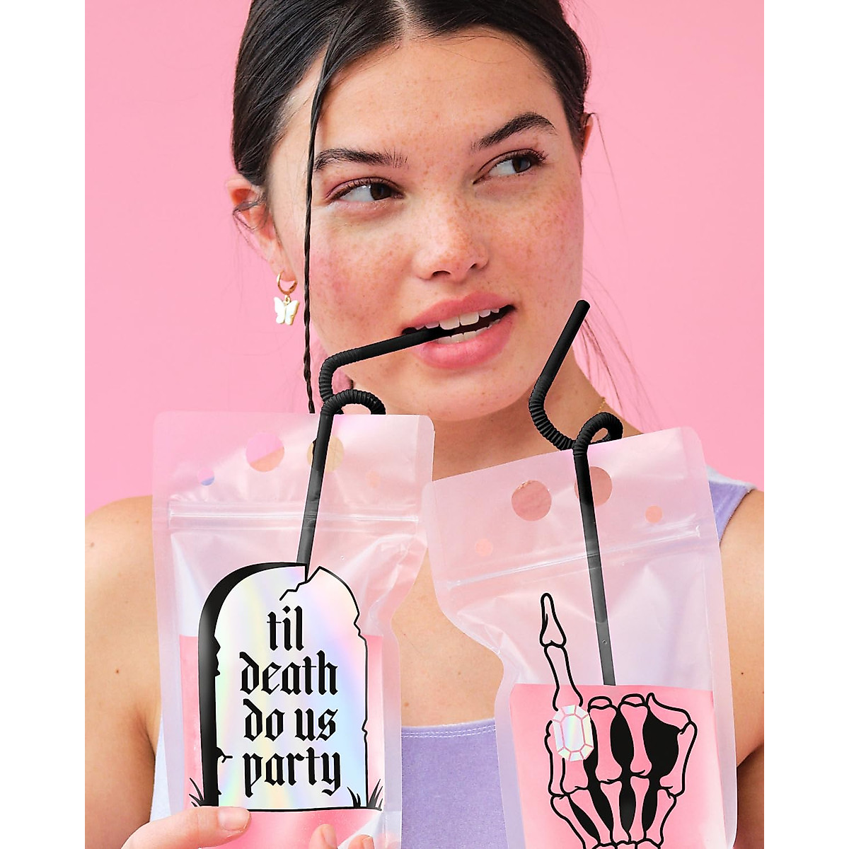 xo, Fetti Bachelorette RIP Single Life Drink Pouches - 15 pcs, Iridescent | Bachelorette Party Decorations, Bride or Die Drinkware, Bridesmaid Favor, Til Death Do Us Party + Bridal Shower Supplies