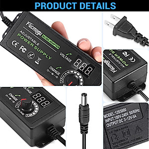 Facmogu 3V-12V 5A 60W Adjustable Power Supply with LED Display, Variable DC 3V 5V 6V 9V 12V Universal AC/DC Adapter, 100V-240V AC to DC 3-12V Switching Power Converter Multi-Voltage Regulated Adaptor