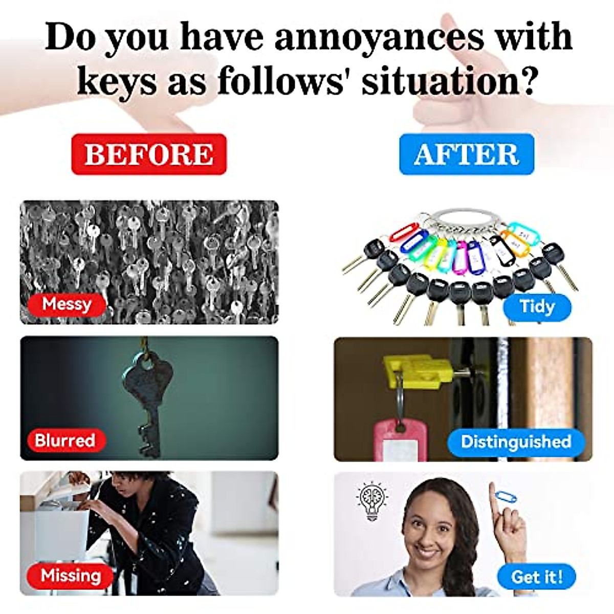 Sukh 70 Pcs Key Ring Tags - Key Tags Plastic 10 Assorted Colours of Key Ring Tags,Identifiers,Name Tags and Labels,Adapt to USB Drive,Keys,Pets,Bags,Clothes Racks and Drawers,Rectangular 2.1x4.6cm