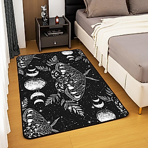Gothic Moth Area Rug 5x7, Skeleton Halloween Boho Death Moth Decor Rug, Animal Skeleton Skull Carpet Runner Non Slip, Bohemian Sun and Moon Area Rugs for Bedside Living Room Dining Room Under Table