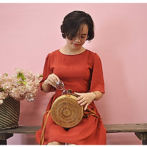 HAAN Handwoven Round Rattan Bag Made In Vietnam - Natural Stylish & Chic – Shoulder Real Leather Adjustable Strap