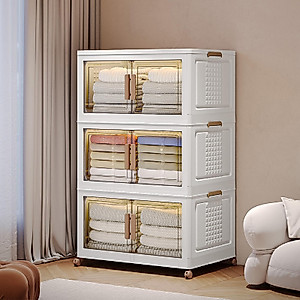 NLDD Storage Bins with Lids,78 Quart Plastic Bins with Lids,Large Closet Organizers, 3 Packs Collapsible Storage Bins with Wheels,Double Door Stackable Bins for Clothes,Home