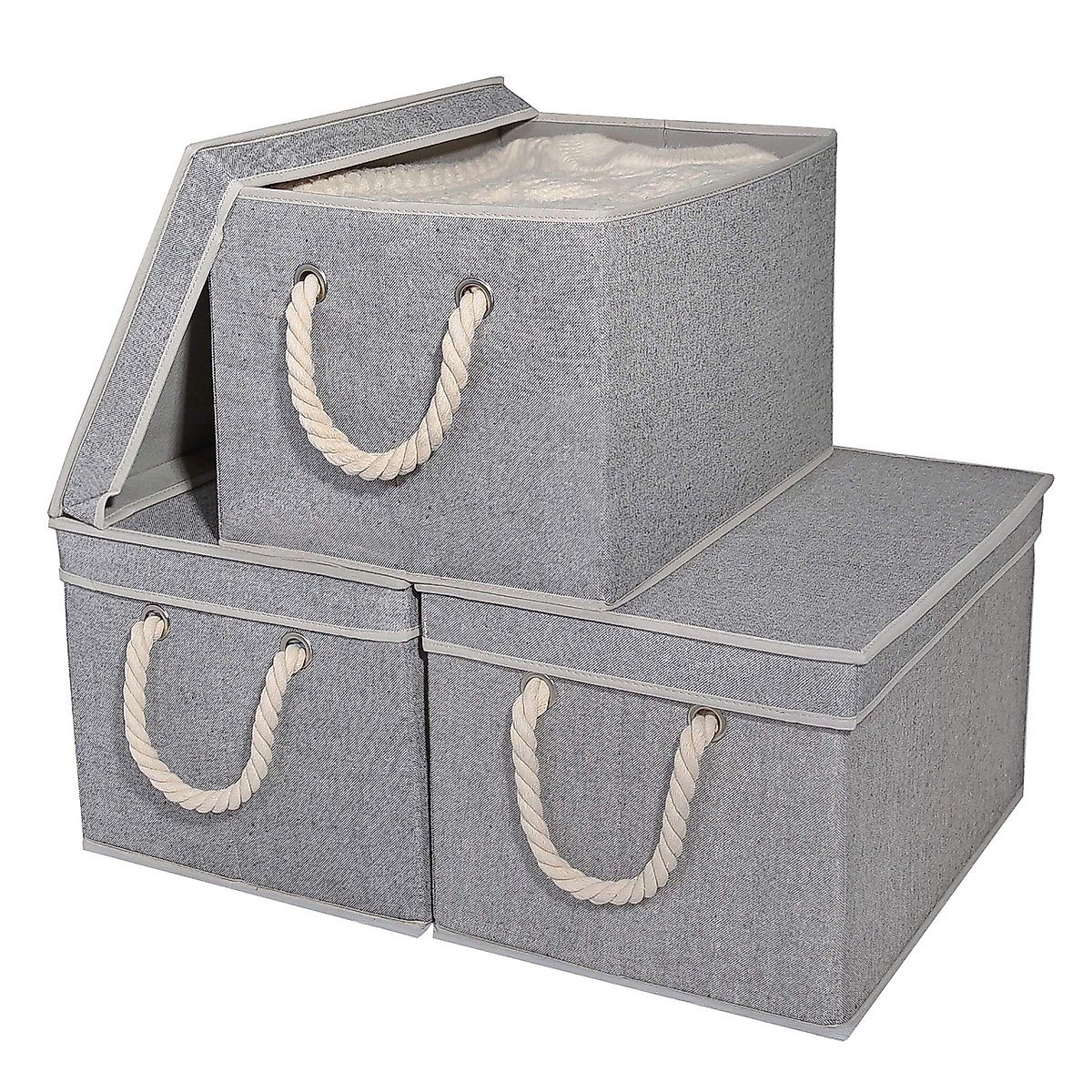 StorageWorks Closet Storage Bins with Clear Window 3 pack, 32L Storage Bins with Lids, Decorative Storage Boxes with Lids and Soft Rope Handles 3 pack