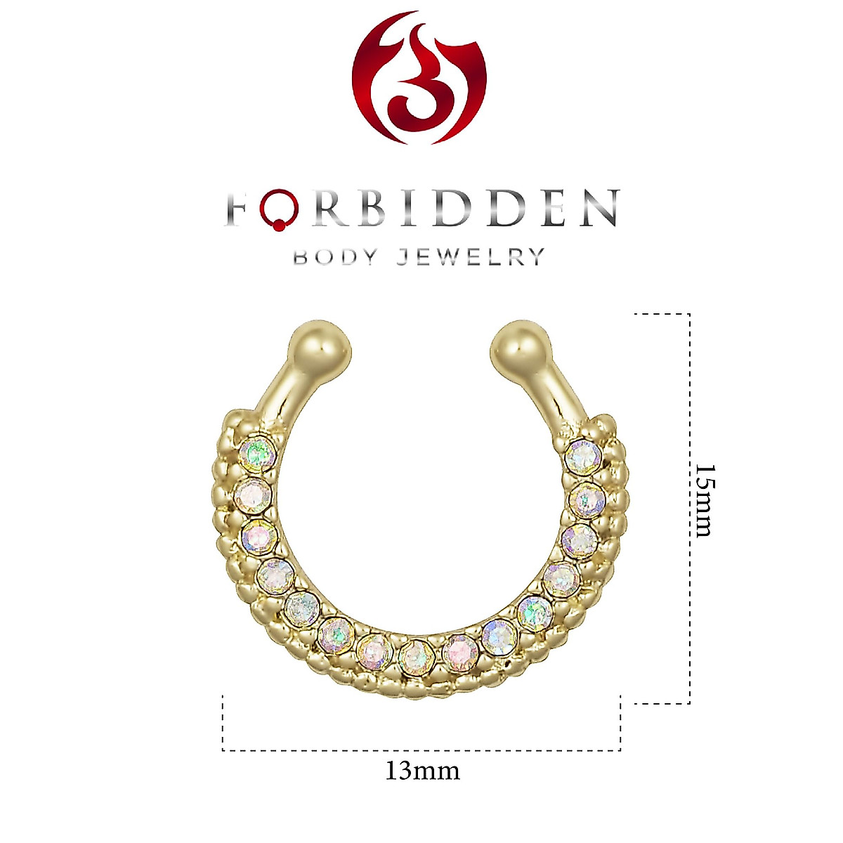 Non-Piercing Septum Jewelry: Gold Plated Aurora Borealis Pave CZ Crystal Clip On Septum Hanger