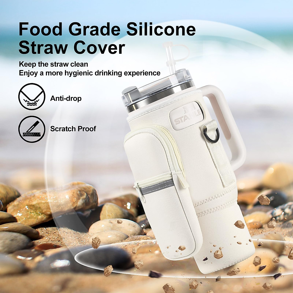 Water Bottle Holder with Strap for Stanley 40oz Tumbler with Handle, Water Bottle Carrier Bag with Phone Pocket, Tumbler Accessories for Stanley, Water Bottle Sleeve for Walking Hiking Camping(Blue)