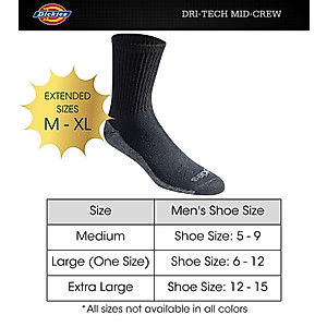 Dickies Men's Dri-tech Moisture Control 6-Pack Comfort Length Crew Socks