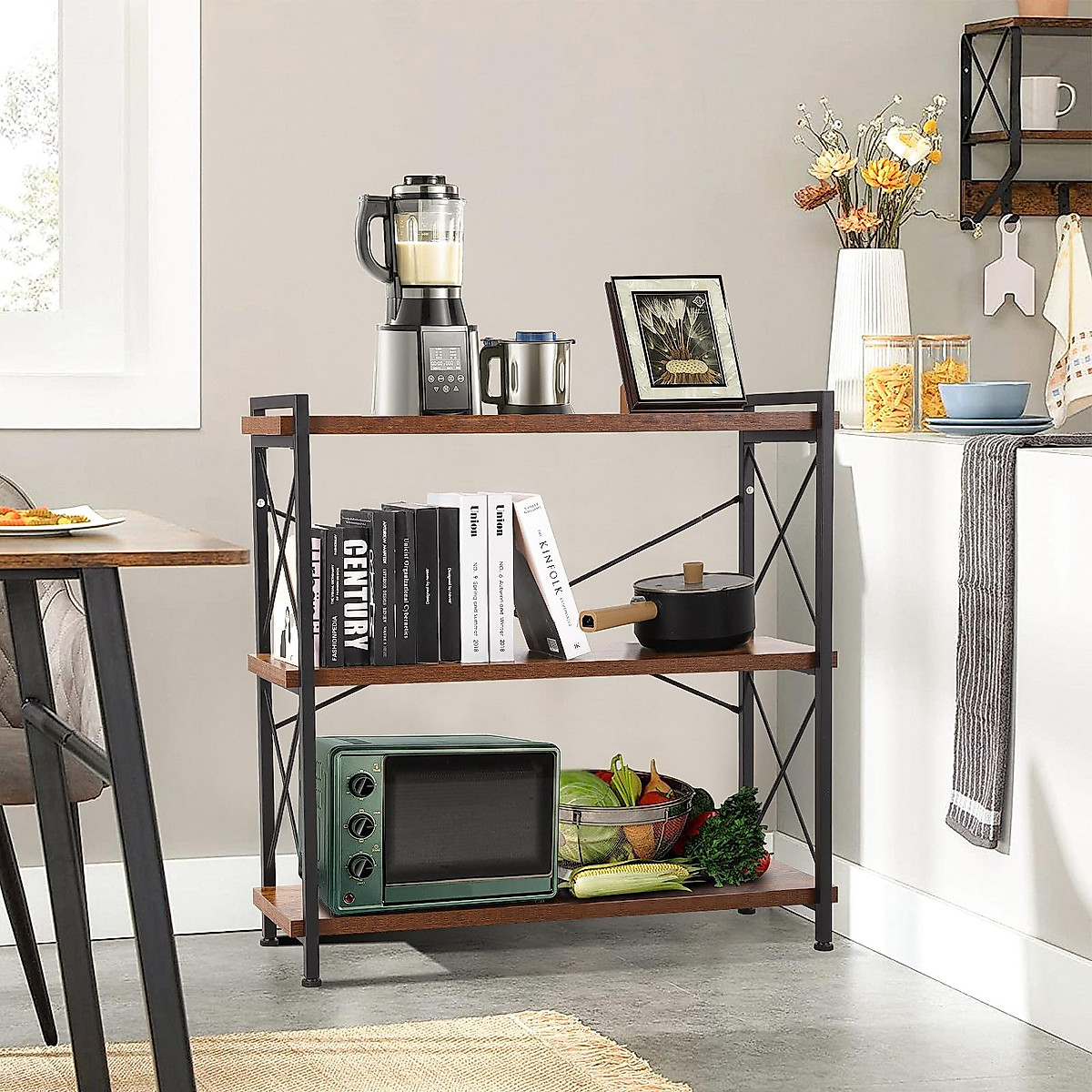 NICECOZY 3 Tier Bookshelf, Open 3 Shelf Short Bookcase, Rustic Shelves with Metal Frame, Industrial Book Shelf for Bedroom Home Office Living Room, Rustic Brown