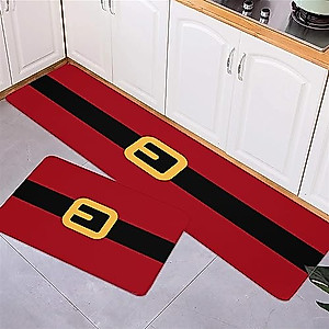 LAMANDA 2 Pieces Kitchen Rugs Set Christmas Santa Claus Belt Area Rug,Absorbent Bath Mats Soft Doormat Floor Mat Red Black Yellow Block,Non-Slip Cushion Standing Mats