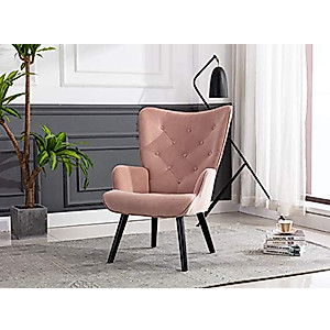 Dolonm Velvet Accent Chair Modern Tufted Button Wingback Vanity Chair with Arms Upholstered Tall Back Desk Chair with Solid Wood Legs for Living Room Bedroom Waiting Room(Dusty Pink)