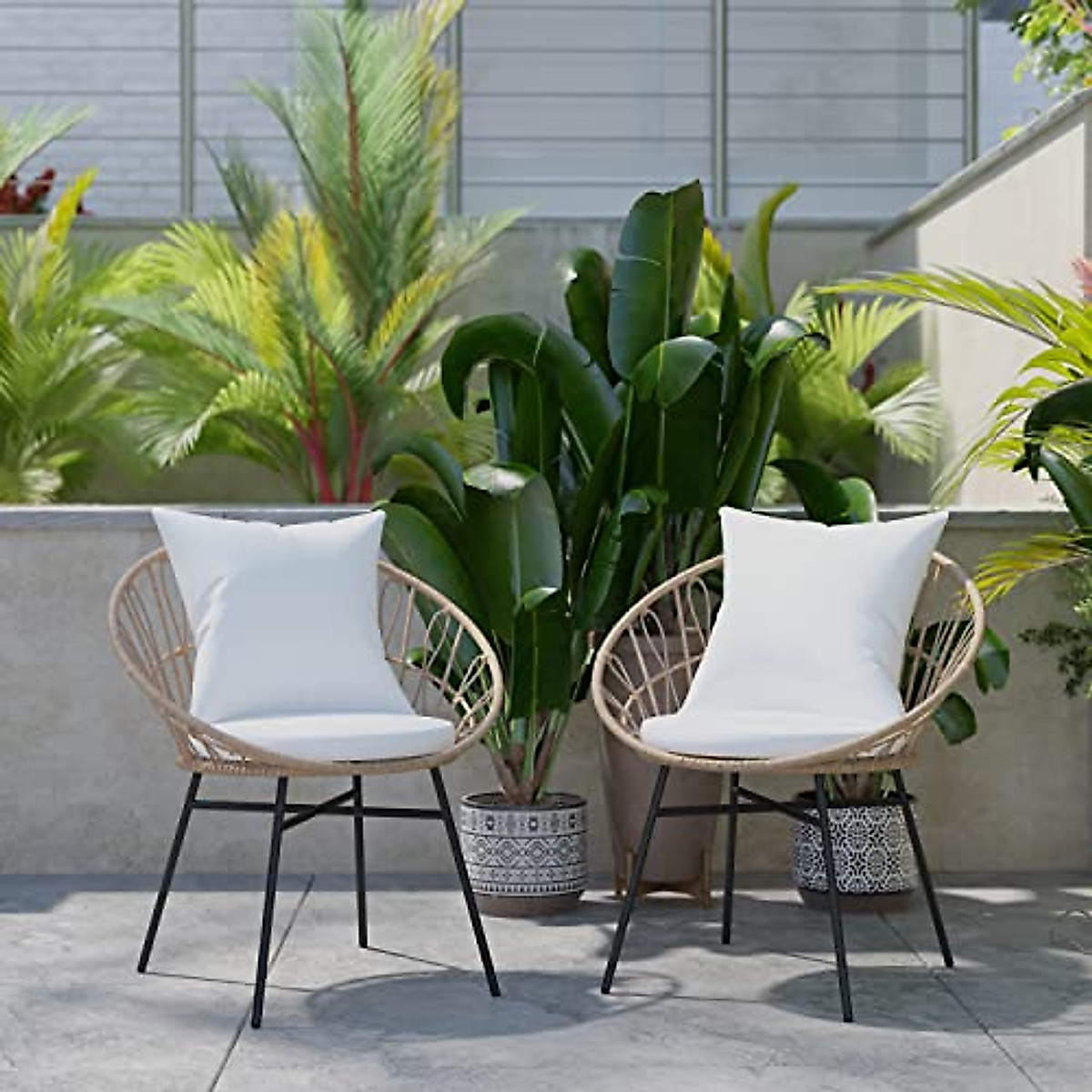 Flash Furniture Devon Set of 2 Indoor/Outdoor Modern Papasan Style Rope Patio Chairs, PE Rattan with Cushions, Tan/Light Gray