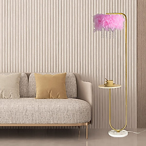 beaysyty Unique Led Pink Feather Floor Lamp with Tray,Ostrich Feather Stand Lamp,Living Room Bedroom Office Shop Window Decoration Lamp,Foot Switch and Brass/Gold Finish Arc Floor Lamp