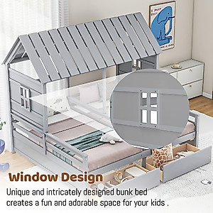 Harper & Bright Designs House Bed with 2 Twin Platform Beds for Kids,Wooden Double Twin Beds with Storage Drawers and Roof, 2 Beds in 1 Shared Beds for Girls or Boys,No Box Spring Needed,Grey
