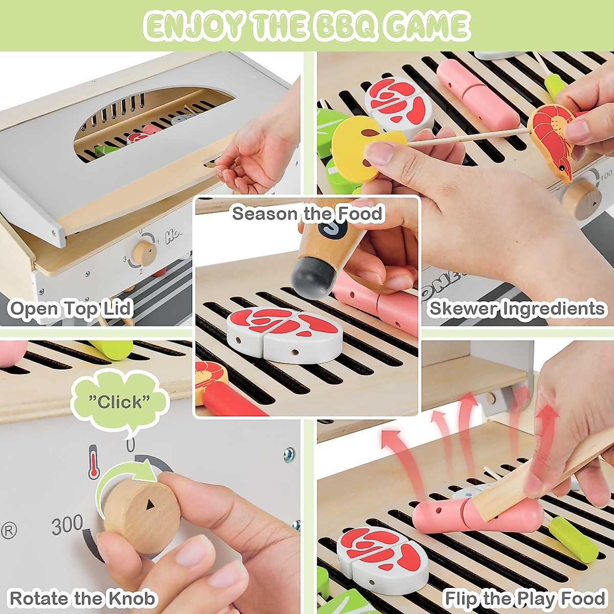 HONEY JOY Kids Pretend Barbecue Grill Playset, Wooden BBQ Toy Set w/ 17 Play Food& Cooking Accessories, 4 Solid Wood Legs, Interactive Kids Kitchen Playset Gift for Toddler Boys & Girls Age 3+