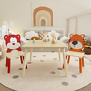 3 Piece Wood Table & Chair Set for Age 2-6 Boy Girl, Wood Activity Table Drawing Play Table Set w/ 2 Animals Chairs for Home, Nursery, Kindergarten, Age 2-6 Boy Girl Activity Table Chair 3 Pieces Set
