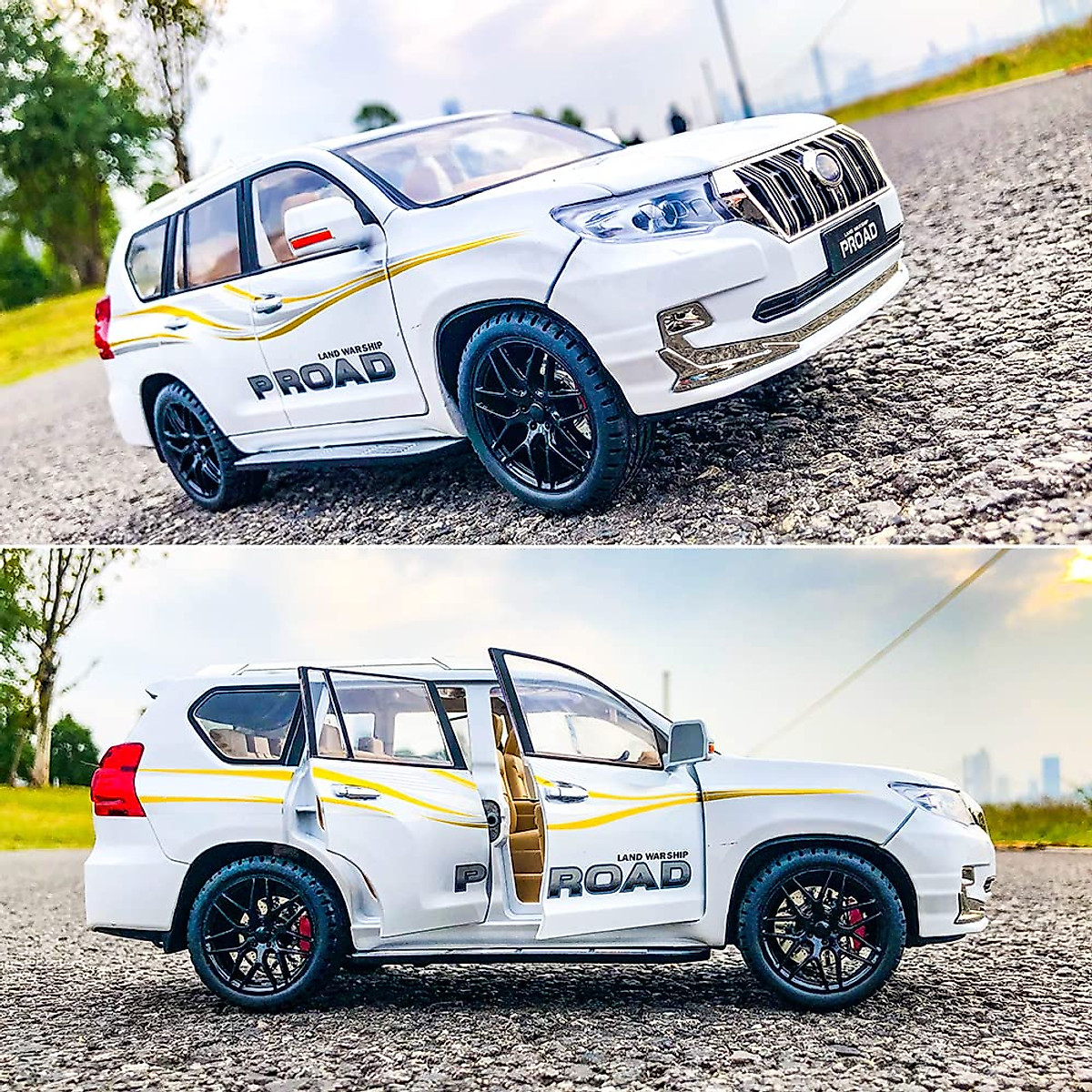 WAKAKAC 1/18 Scale Prado Die-cast Model Car, Alloy Metal Pull Back Collectible Vehicles Toys with Sound and Light Car for Kids and Adults Gifts(White)