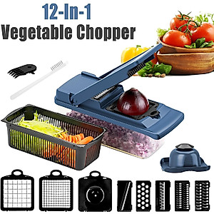 Pro Vegetable Chopper, Onion Chopper Slicer Dicer with Container, Food Chopper Vegetable Slicer, Veggie Chopper Slicer Dicer Cutter, 12-in-1 Mandoline Slicer, Blue