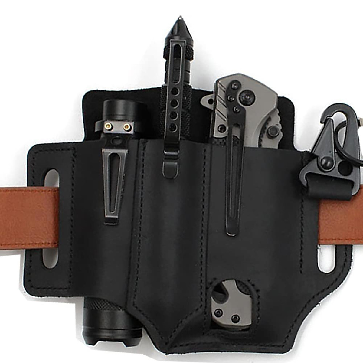 Leather Multitool Sheath for Belt, EDC Belt Organizer for Men, Multi Tool Holster with Tactical Pen Holster, Flashlight Holster, Key Holder