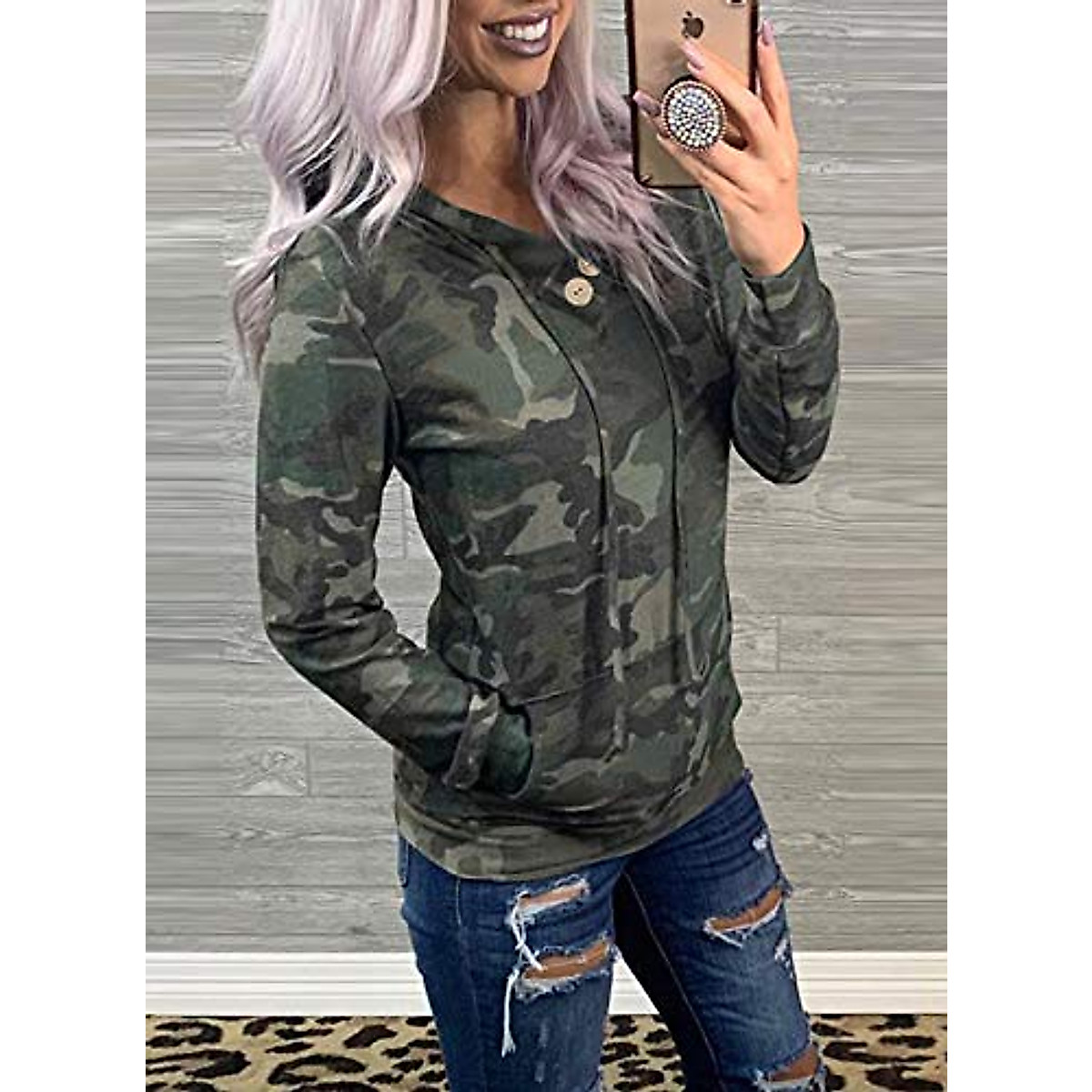 Dokotoo Women's Casual Camo Hoodies Long Sleeve Sweatshirt Drawstring V-Neck Pullover Loose Tops Shirts with Kangroo Pocket 2024 Fashion Fall Hooded Sweatshirt Green Medium