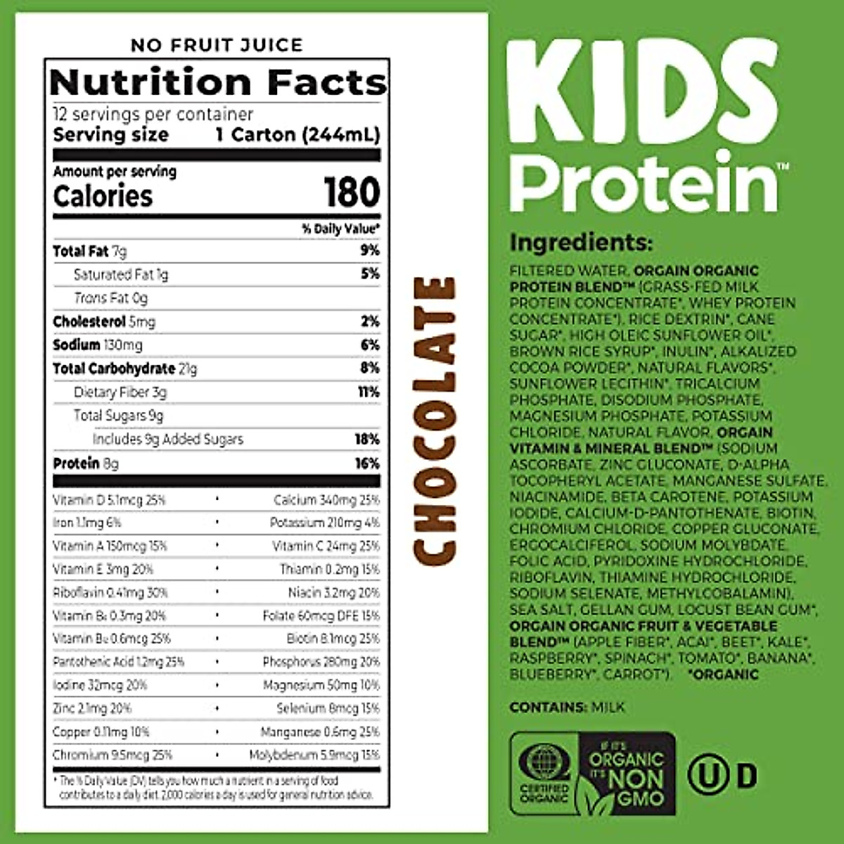 Orgain Organic Kids Protein Nutritional Shake, Chocolate - 8g of Protein, 22 Vitamins & Minerals, Fruits & Vegetables, Gluten Free, Soy Free, Non-GMO, 8.25 Fl Oz (Pack of 12)