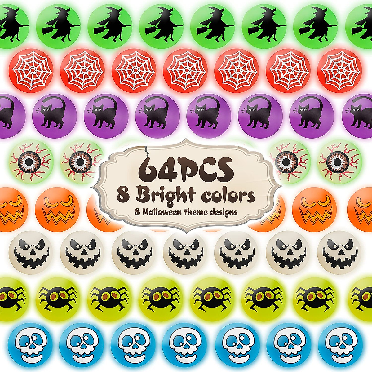 Shemira 64pcs Glow in The Dark Bouncing Balls,8 Halloween Theme Designs Bouncy Toys Balls, Halloween Party Favor Supplies, Trick or Treating Goodie, Halloween Miniatures,School Classroom Game Rewards